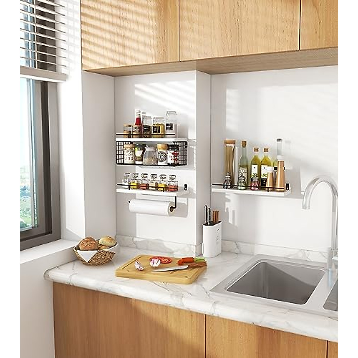 Mefirt Floating Shelves, 3+2 Tier Bathroom Shelves with Paper Towel Holder & Towel Bar, Wood Wall Décor Shelves Over Toilet with Wire Storage Basket & Guardrail, Farmhouse Floating Shelf - White