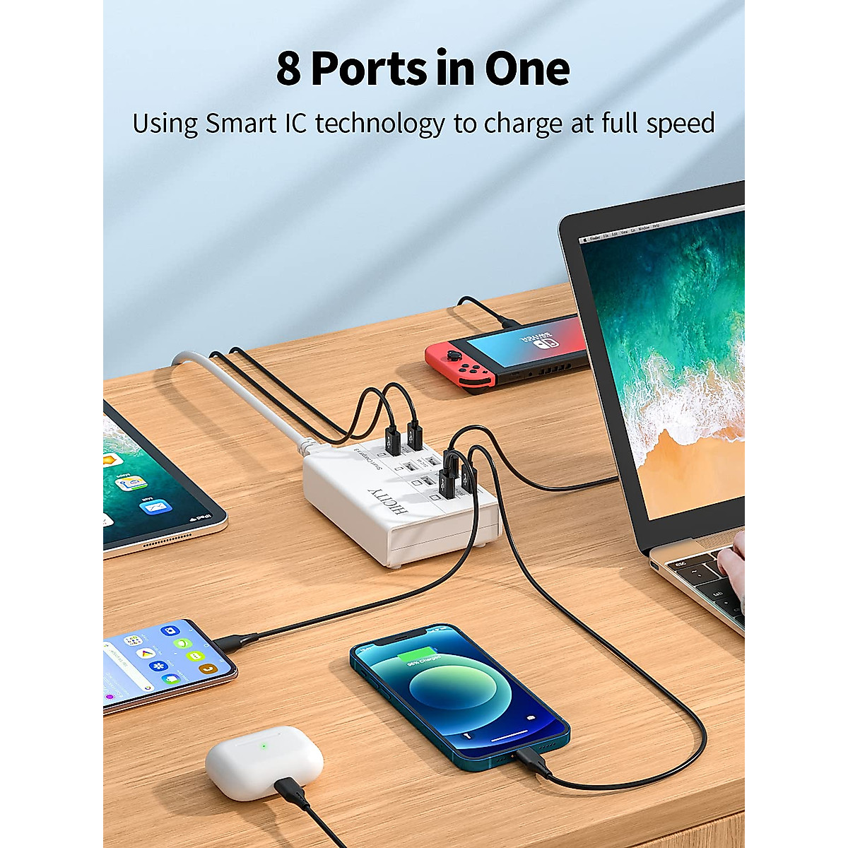 USB Charging Station, 8-Port USB Charger Hub 50W/10A Multi Port Charger for Phone iPad Tablet Multiple Devices (5ft Detachable Cord, White)