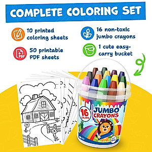 Jumbo Crayons For Toddlers 1-3 - 16pc Toddler Crayons For Kids Ages 4-8 1-3 2-4 - Easter Basket Essentials With Printed & PDF Color Sheets - Non Toxic, Washable Easter Basket Stuffers For Toddlers