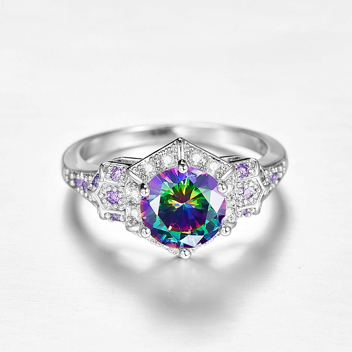 Narica Silver Plated Round Cut Created Rainbow Topaz Created Amethyst CZ Cubic Zirconia Filled Halo Hexagon Shaped Cocktail Wedding Engagement Promise Band Elegant Women's Eternity Ring for Mom Bridal Lover 9#