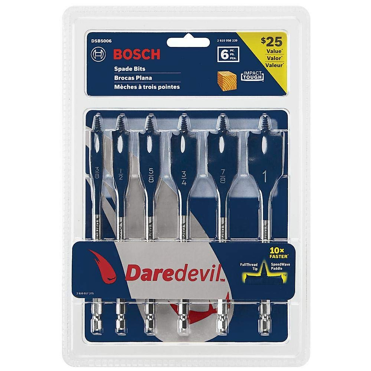 Bosch DSB5006 Daredevil Standard Spade Bit Set w/ Power Groove Hex Shank and Full Cone Threaded Tip (6 Piece Set) , Blue
