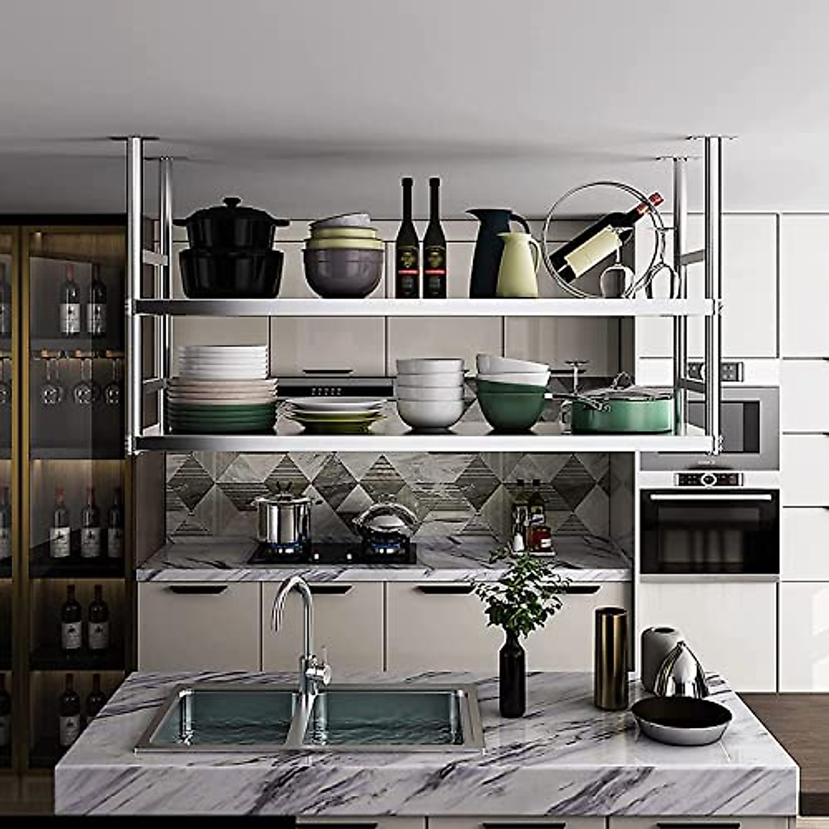 6 Sizes,Ceiling Mount Shelf, Industrial Stainless Steel Kitchen Shelf, Hanging Floating Shelf, Restaurant Bar Display Stand/Decorative Storage Rack (Size : 90 * 35 * 80cm)