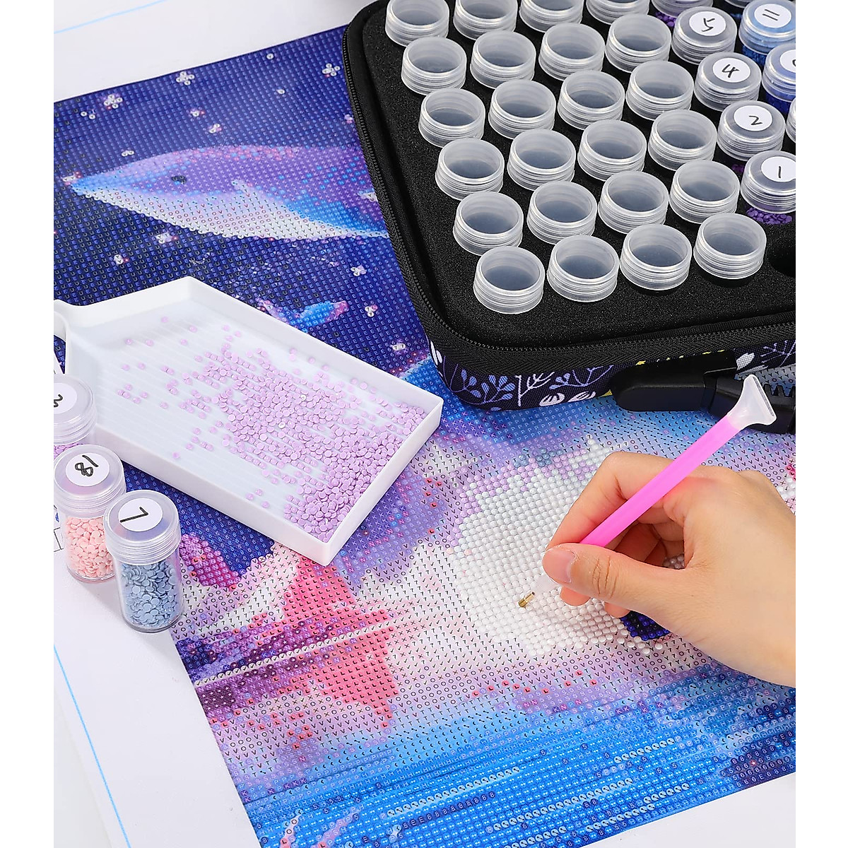 Dadanism Diamond Painting Storage Containers, 60 Slots Diamond Embroidery Accessories, Shockproof Jewelry Beads Organizer Tools Kit, Diamond Art Craft Accessories and Tools Carrying Case, Night Blue