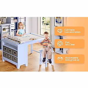 Kids Art Table and Chair Set, Kids Craft Table with 2 Chairs, 6 Removable Storage Bins, Paper Roller, Wooden Children Activity Desk Set for Drawing, Learning, Reading, Blue