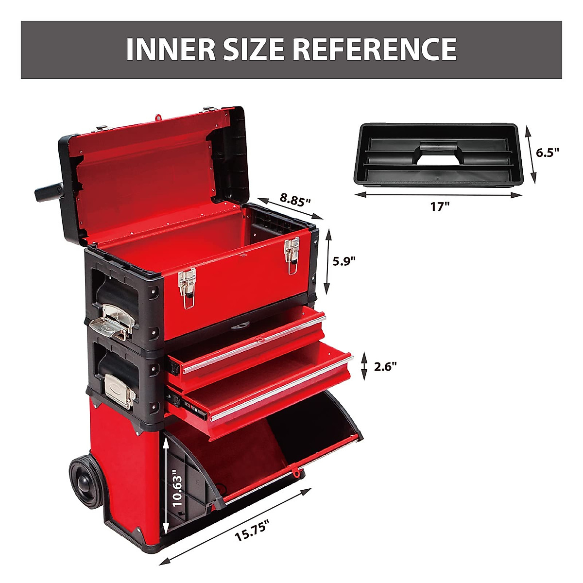 BIG RED Stackable Portable Metal Tool Box Organizer with Wheels and 2 Drawers, Rolling Upright Trolley Tool Chest for Garage or Workshop,Red,ATRJF-C305ABDR