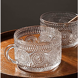 Vintage Glass Coffee Mugs 14 Oz Set of 4 Embossed Glass Cups for Tea, Coffee Mugs for Cappuccino, Latte, Cereal, Yogurt, Hot/Cold Holiday gift and Housewarming, Great Gift