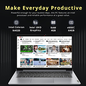 Lenovo 2022 Ideapad 1i 14" HD Laptop, Intel Celeron N4020 Processor, 4GB RAM, 64GB eMMC Flash Memory, Intel HD Graphics 500, HD Webcam, Stereo Speakers, Cloud Grey, Windows 11S, 128GB USB Card