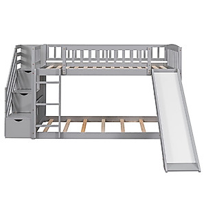 Harper & Bright Designs Low Bunk Bed with Slide and Stairs, Twin Over Twin Wooden Bunk Bed Frame with Storage, for Kids Girls Boys - Gray