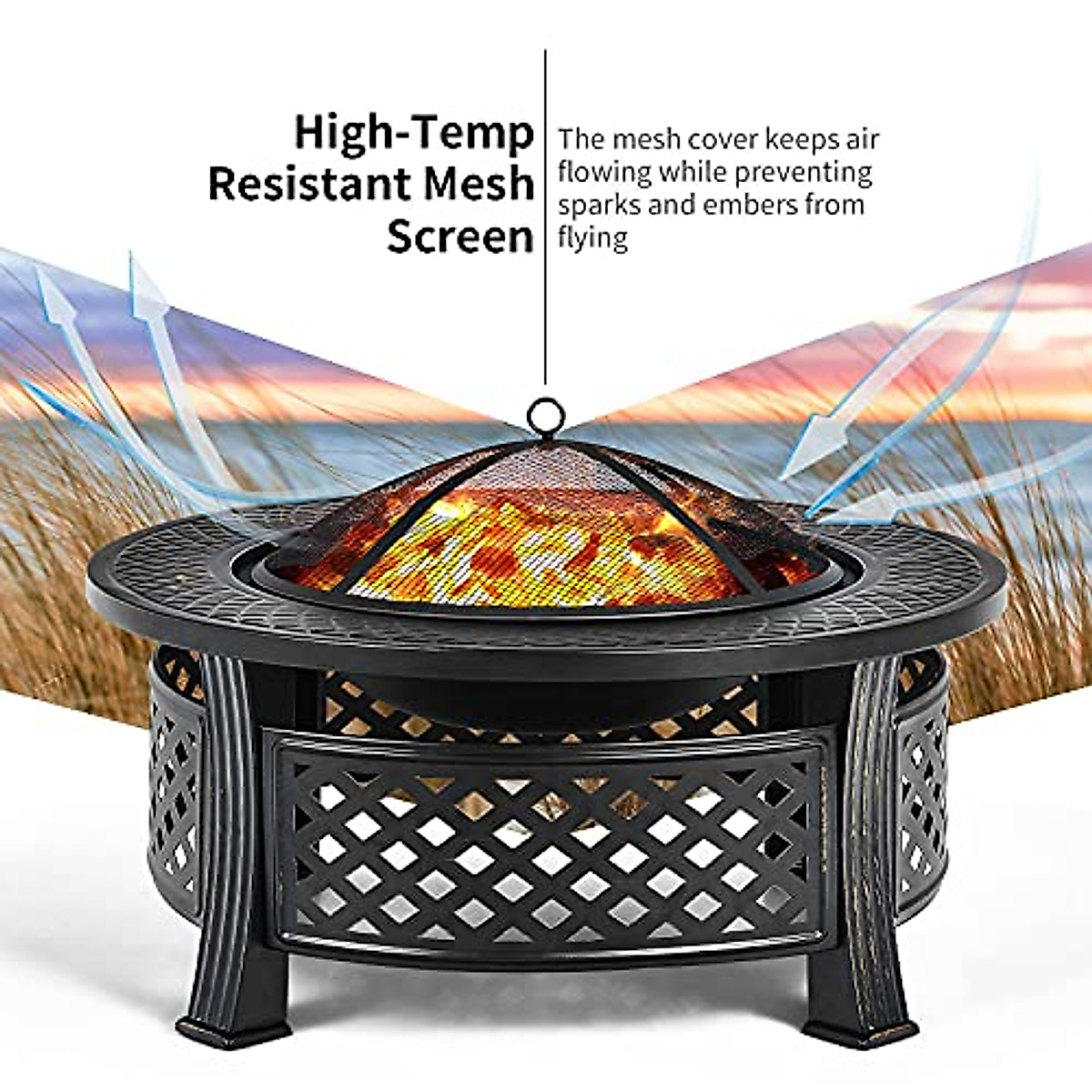 Giantex 3 in 1 Fire Pit, 32" Outdoor Wood Burning Fire Pit, Multifunctional Round Firepit Stove, Metal Firebowl with Cover, Portable Fire Pit for Outside Heating, Bonfire, Picnic, Grill