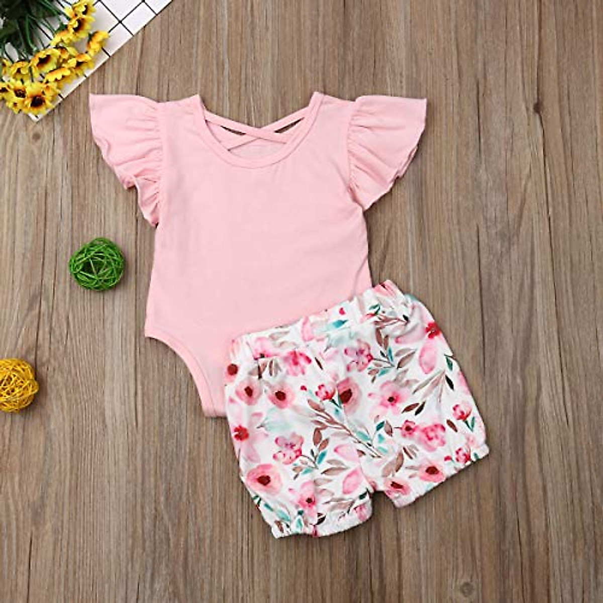 Multitrust Newborn Baby Girl Cotton Ruffled Short Sleeve Bodysuit Tops + Floral Shorts Baby Girl Clothes Set (A3 Pink, 12-18M)
