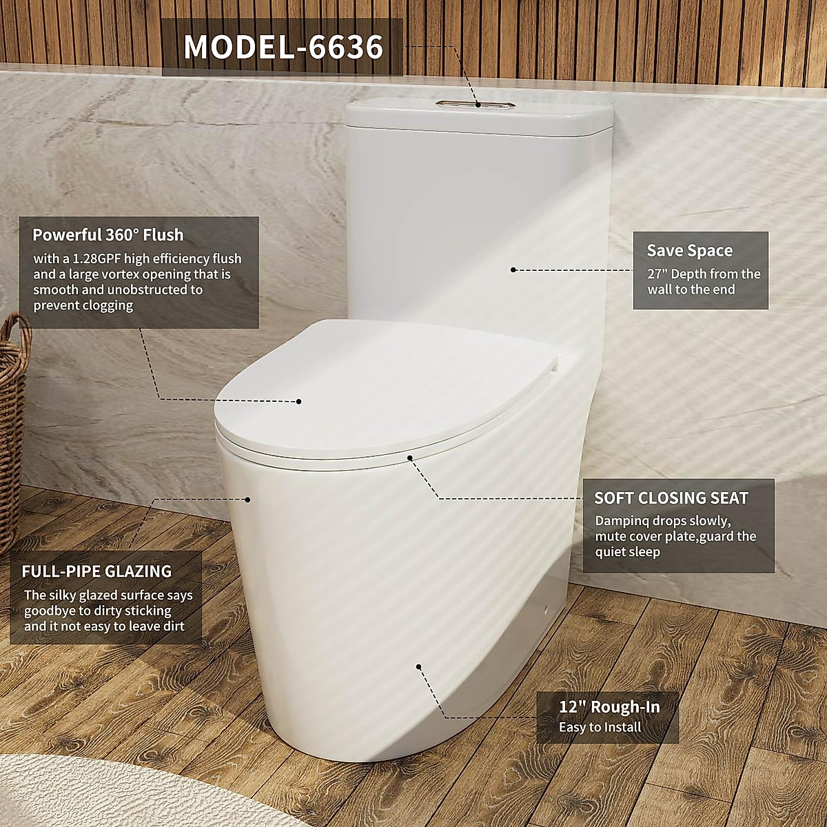 Dual Flush Elongated Standard One Piece Toilet with Comfortable Seat Height, Powerful & Quiet Dual Flush Modern Toilet, 12'' Rough-In, Glossy White，6636