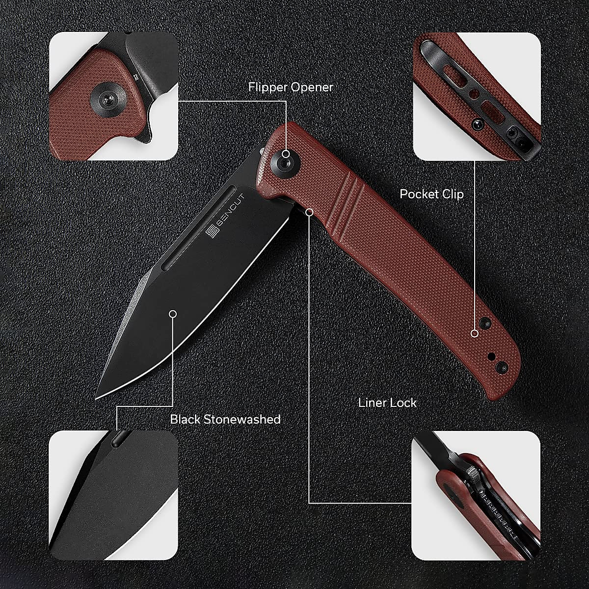 Sencut Brazoria Folding Pocket Knife for EDC, Burgundy G10 Handle Black Stonewashed D2 Blade Folding Knife with Clip, Everyday Carry Knife with Liner Lock for Men Women, Lightweight for Indoor Outdoor Fathers Son Gift SA12C