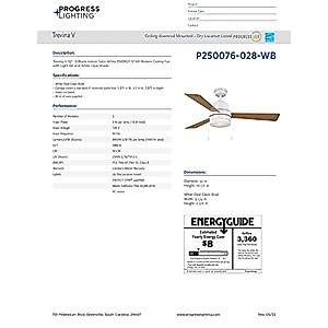 Progress Lighting P250076-028-WB Trevina V 3-Blade Modern Indoor Ceiling Fan Satin White with Light Kit and White Opal Shade