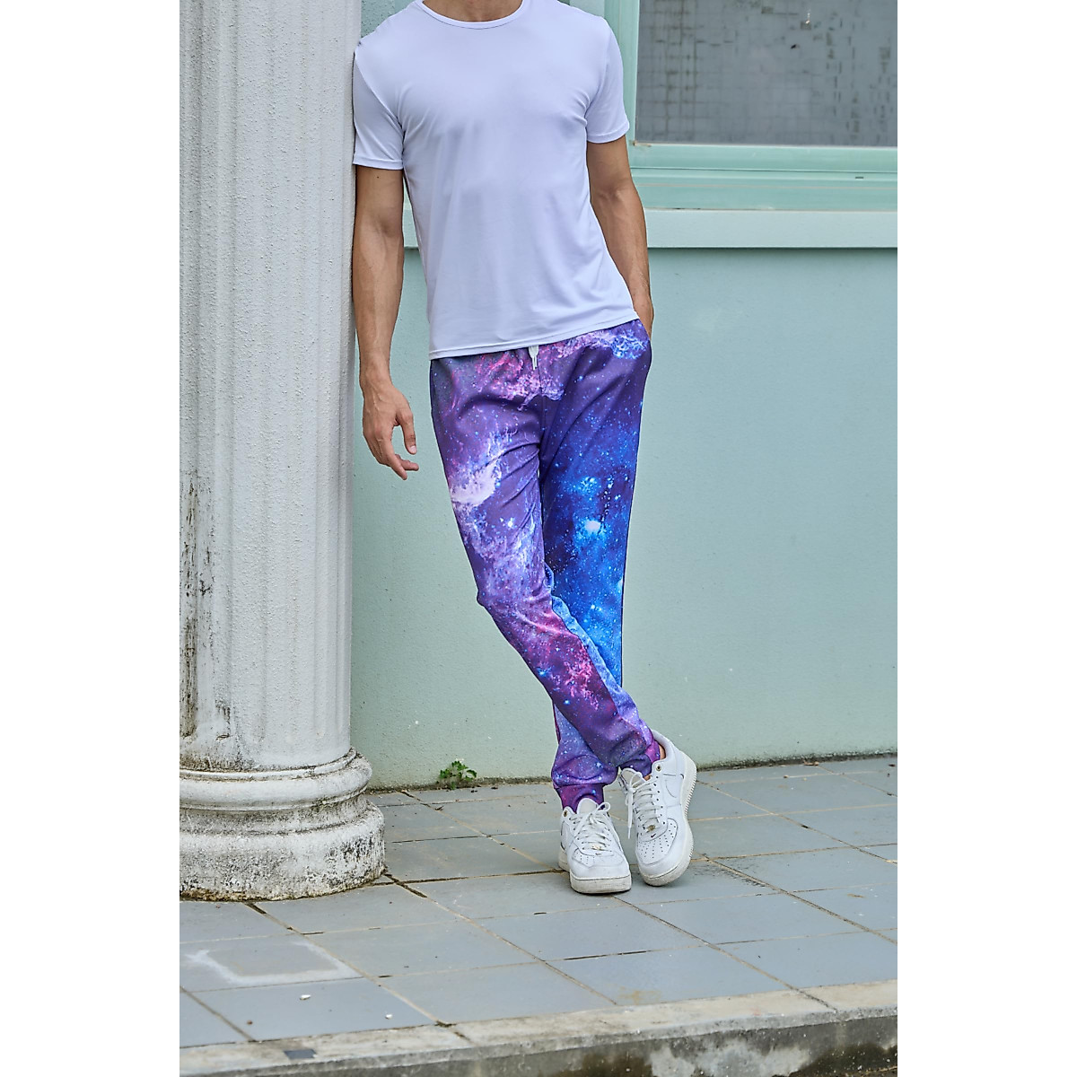 Belovecol Bright Galaxy Sweatpants for Men Novelty 3D Print Jogger Pants with Pocket Active Stretchy Sweat Pant Trousers L