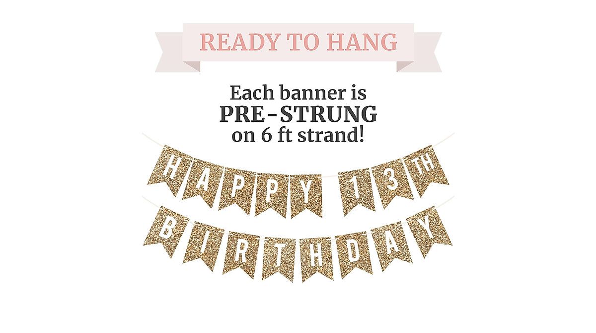 Gold Glitter 13th Birthday Banner - Pre-Strung & Ready