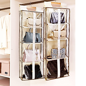 Clear Closet Hanging Handbag Organizer with Zippers, KMOTASUO Easy Access Wardrobe Tote Bag Purse Storage Holder Over The Door Space Saving Shelf Pocket for Bedrooms Living Room