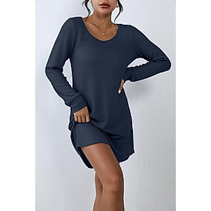 Ekouaer Womens Nightgown Waffle Knit Long Sleeve Nightgown Sleep shirts Night Dress for Women Navy Blue XXL