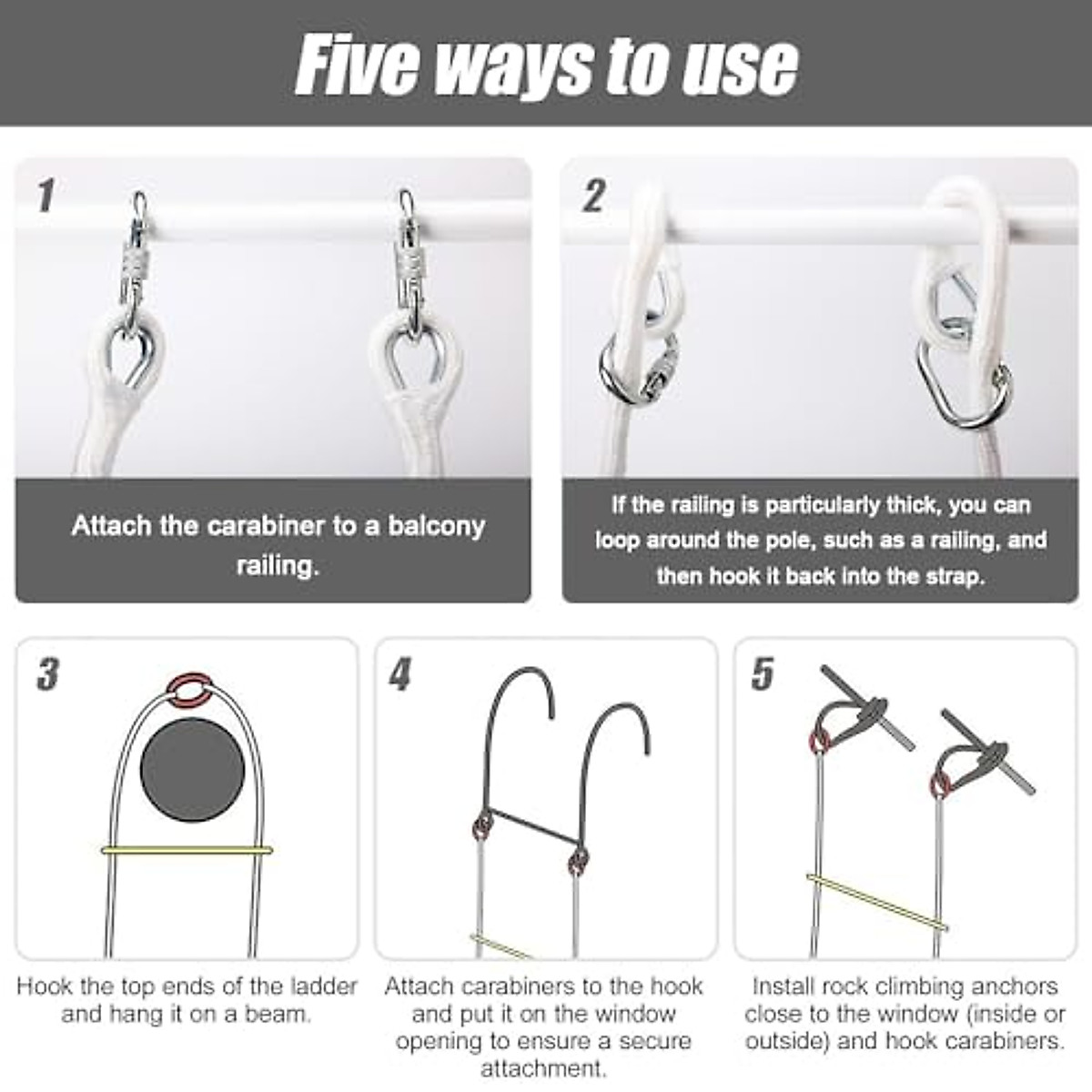 Fire Escape Ladder Emergency Rope Ladders with Carabiners Reusable Fire Ladder Withstand Weight up to 2000 pounds, Portable & Reusable(16F/5M)