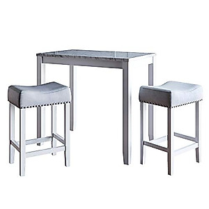 Nathan James Viktor 3 Piece Dining Set, Heigh Kitchen Counter Pub or Breakfast Table with Marble Top and Fabric Wood Base Seat, Light Gray/White