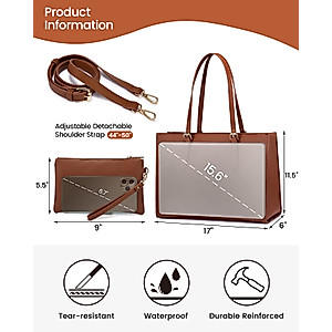 LOVEVOOK Laptop Bag for Women, 15.6 Inch Large Waterproof PU Leather Computer Tote Bag for Work Business Office Travel with USB Charging Port, Fashion Waterproof Shoulder Bag Handbag Purse, Brown