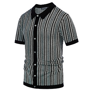 PJ PAUL JONES Retro Knitted Polo Shirt for Men 1950s Italian Stripes Shirt Short Sleeve Button Down Knit Polos Collared Knit Cardigan Sweater Black Grey