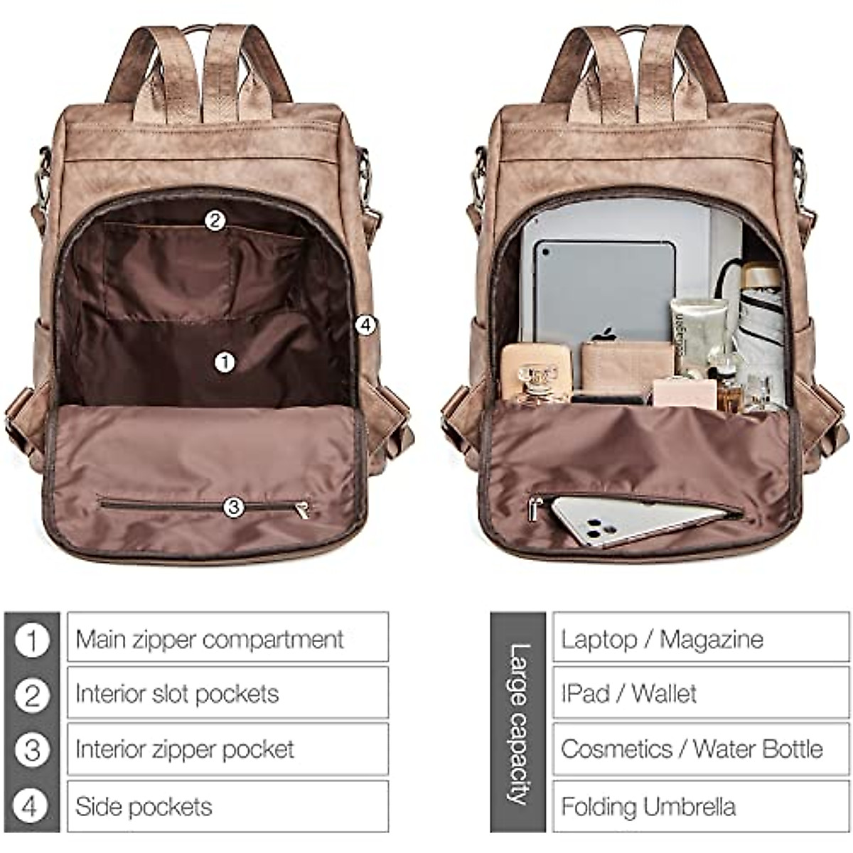 FOXLOVER Backpack Purse for Women Large Womens Backpack Leather Travel Backpack Fashion Backpack Purse Designer Ladies Shoulder Bags(Brown A)