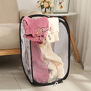 Handy Laundry Collapsible Mesh Pop Up Hamper Cartoon Animals Laundry Basket with Wide Opening and Side Pocket ¨C Breathable, Sturdy, Foldable, and Space-Saving Design (White)