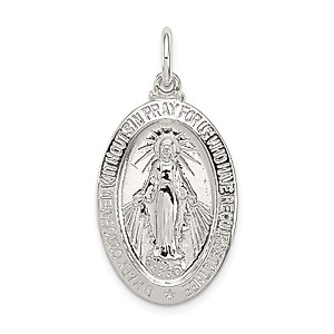 Solid 925 Sterling Silver Virgin Mary Pray for Us Charm Miracle Medal Mary Pendant Charm Medal - 30mm x 16mm