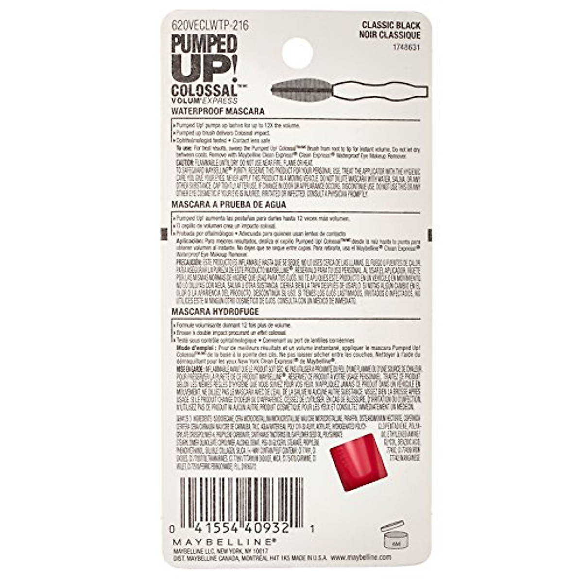 Maybelline New York Volum' Express Pumped Up! Colossal Waterproof Mascara, Classic Black, 0.32 Fl Oz, (K1569200)