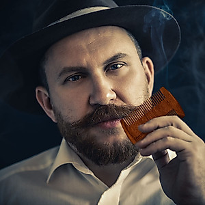 Natural Sandalwood Dual Action Beard and Moustache Combs with Faux Leather Cases (6 Pieces, Yellow, Black, Reddish Brown)