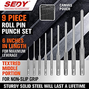 9-Piece Roll Pin Punch Set - Fast Pin Removal - Durable Steel & Construction - For Automotive, Firearm Maintenance, Gunsmithing, Watch, Jewelry & Craft Repair - Knurled Grip - Versatile Sizes