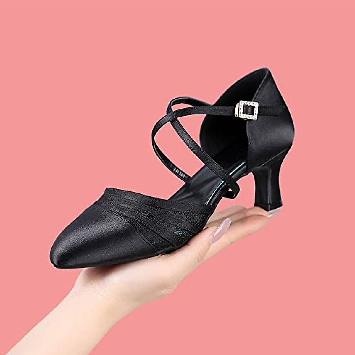 Women Girls Latin Dance Shoes Satin Salsa Tango Ballroom Dancing Shoes（Black，US 7.5)