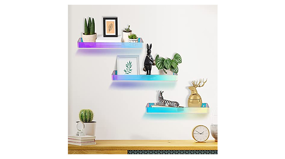 NiHome Iridescent Acrylic Floating Wall Shelves - 3-Pack Rainbow ...