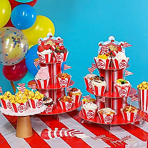 Mimorou Circus Carnival Party Decorations Party Supplies 2 Pcs 3 Tier Tent Striped Circus Cupcake Stands 50 Pcs Striped Popcorn Cupcake Wrappers 100 Pcs Paper Flag Cupcake Toppers Cake Insert Picks