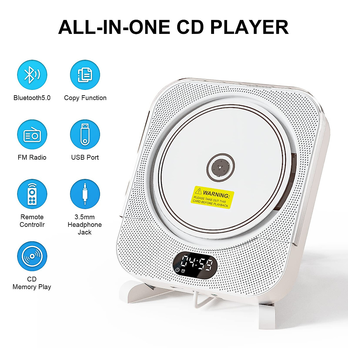 CD Player Kpop Wired with Bluetooth Speakers,Wall/Desk CD Players for Home,Stereo Music Player for Kids/Seniors with Boombox,FM Radio with Remote Control,Support LED/Copy/Alarm Clock/USB/TF/AUX-White