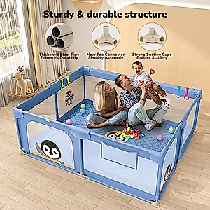 Baby Playpen for Babies and Toddlers, 71 x 59 inch Playpen with Mat, Unique Little Penguin Character Design, Soft Breathable Mesh Baby Play Yard for Indoor & Outdoor Family Time (Blue with Mat)