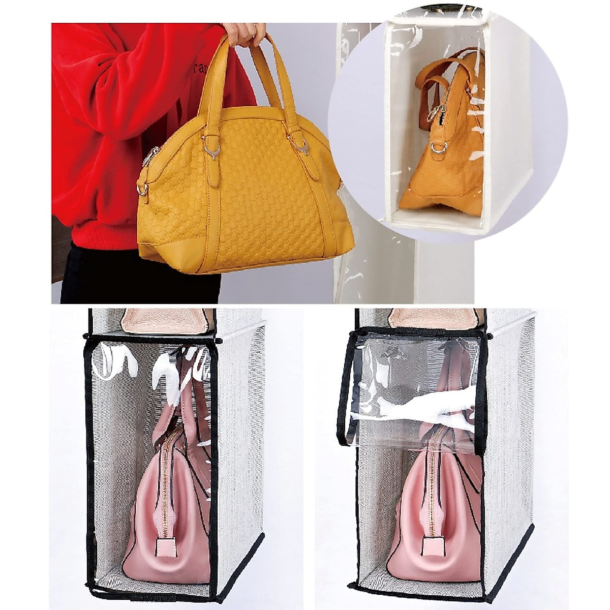 Japarismo Hanging Handbag Purse Closet Organizer Dust Shield Storage Systems Clothing Accessories Rack Dustproof Cover Shelves (Light Gray, 3 Shelves)