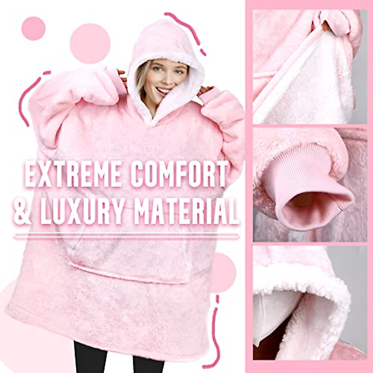Whalehub Oversized Wearable Blanket Hoodie, Big & Warm Sweatshirt for Women & Men with Giant Pocket (Pink)