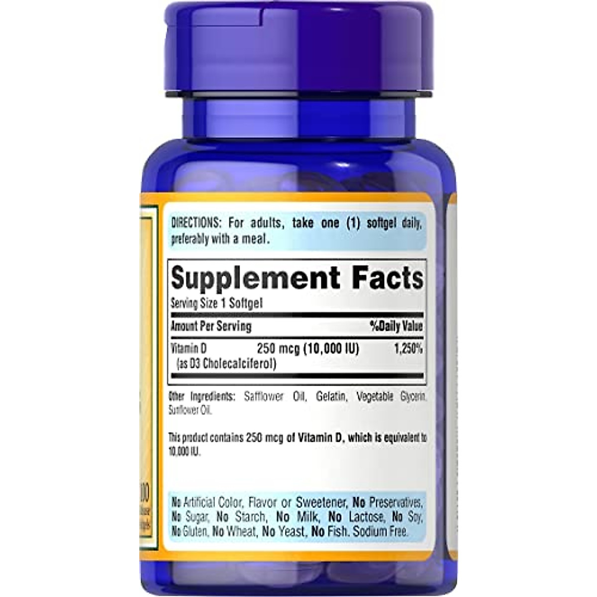 Puritans Pride Vitamin D3 10000 IU Bolsters Health Immune System Support and Healthy Bones & Teeth Softgels, Yellow, 100 Count