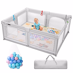 VIVOHOME Large Baby Playpen with Mat, Ocean Balls, Net Basket and Pull Rings, Safety Play Center Yard with Gate for Kids Activity Center, Light Gray