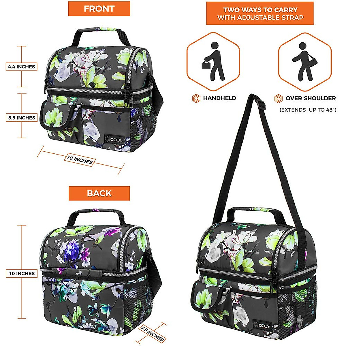 OPUX Lunch Bag Women Insulated, Adult Lunch Box Cooler, Flower Lunch Box, Dual Compartment Lunchbox for Work, Leakproof Double Decker Lunch Bag, Soft Lunch Pail Tote Girls Kids School, Floral Gray