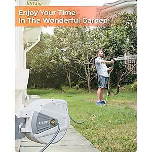 Ayleid Retractable Garden Hose Reel,5/8 in x 100 FT Wall Mounted Hose Reel, with 9- Function Sprayer Nozzle, Any Length Lock/Slow Return System/Wall Mounted/180°Swivel Bracket (Grey)