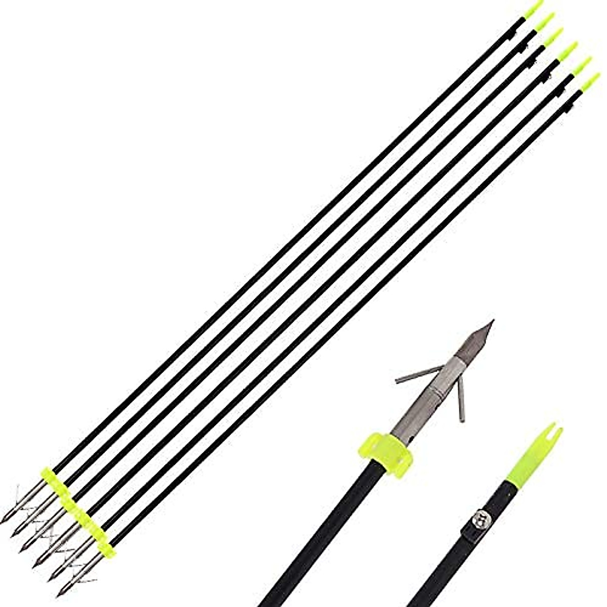 AMEYXGS 6/12pcs Archery Fiberglass Bowfishing Arrow Bow Fishing Arrows with Broadheads and Safty Slides for Compound and Bow Recurve Bow Fishing Hunting (6 Pcs)