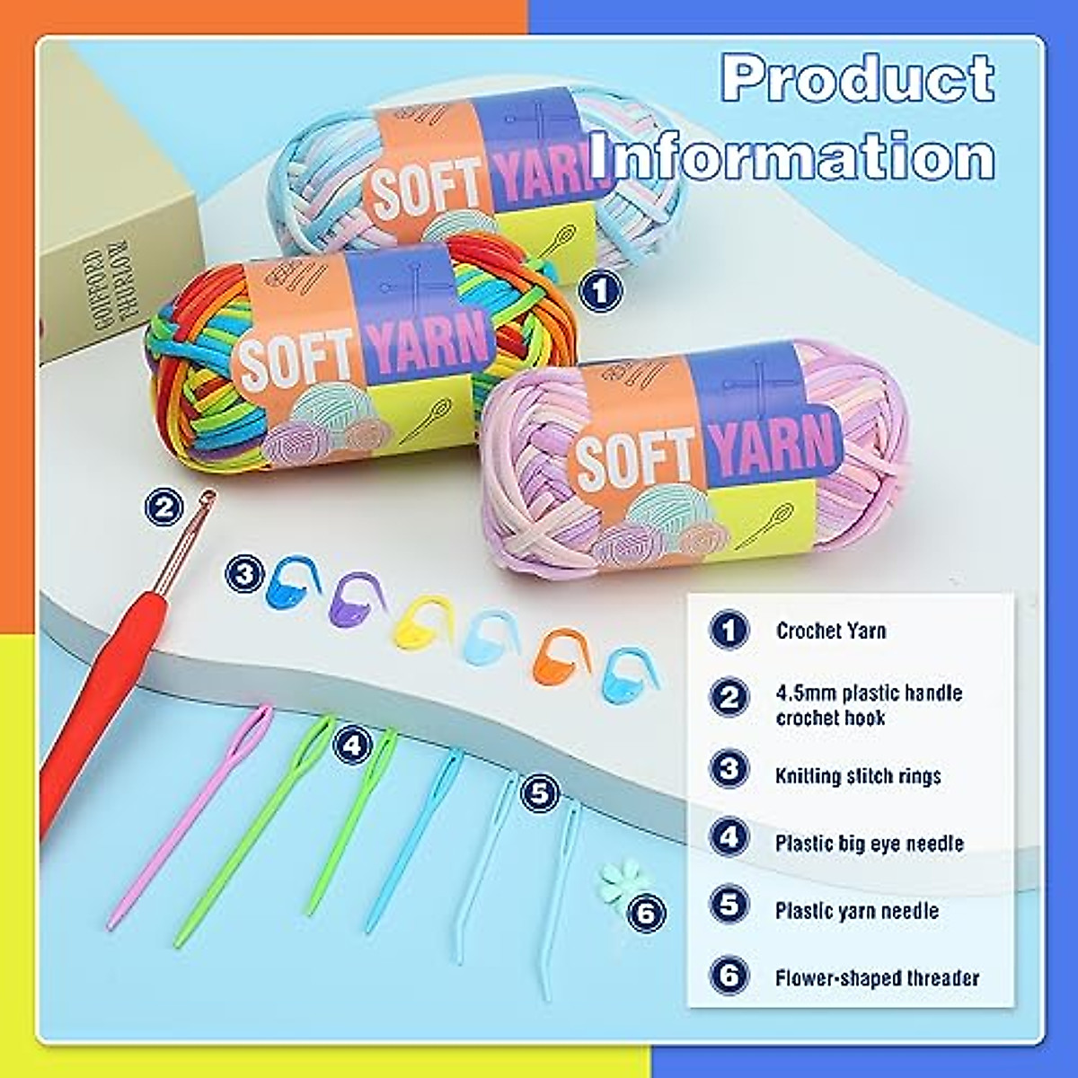 IMZAY 100g/3.52OZ Yarn for Crocheting, Cotton Yarn and Yarn for Beginners with Easy-to-See Stitches, Ergonomic Handle Hooks, Cotton Nylon Chunky Yarn for Crocheting and Knitting-Pink and Rainbow