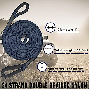 TetherTite Kinetic Eneygy Recovery Tow Rope 1IN 30FT 29750lb Breaking Strength with Reinforced Loop & Protective Sleeve for UTV, ATV, Truck, Car, Jeep, Tractor (1" x 30' Blue)