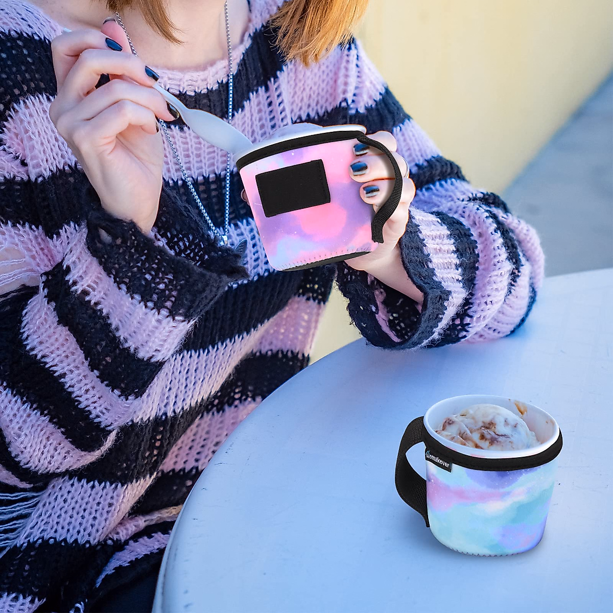 Ice Cream Sleeve Pint Sized Cooler Cover Neoprene Insulator, Hard Bottom Ice Cream Pint Holder w/Handle & Spoon Pocket, Machine Washable & Leak Proof Cup Cover for Yogurt Frozen Desserts (Print Sky)