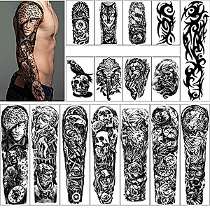 Full Arm Temporary Tattoos 8 Sheets and Half Arm Shoulder Waterproof Tattoos 8 Sheets, Extra Large Tattoo Stickers for Men and Women (22.83"X7.1")