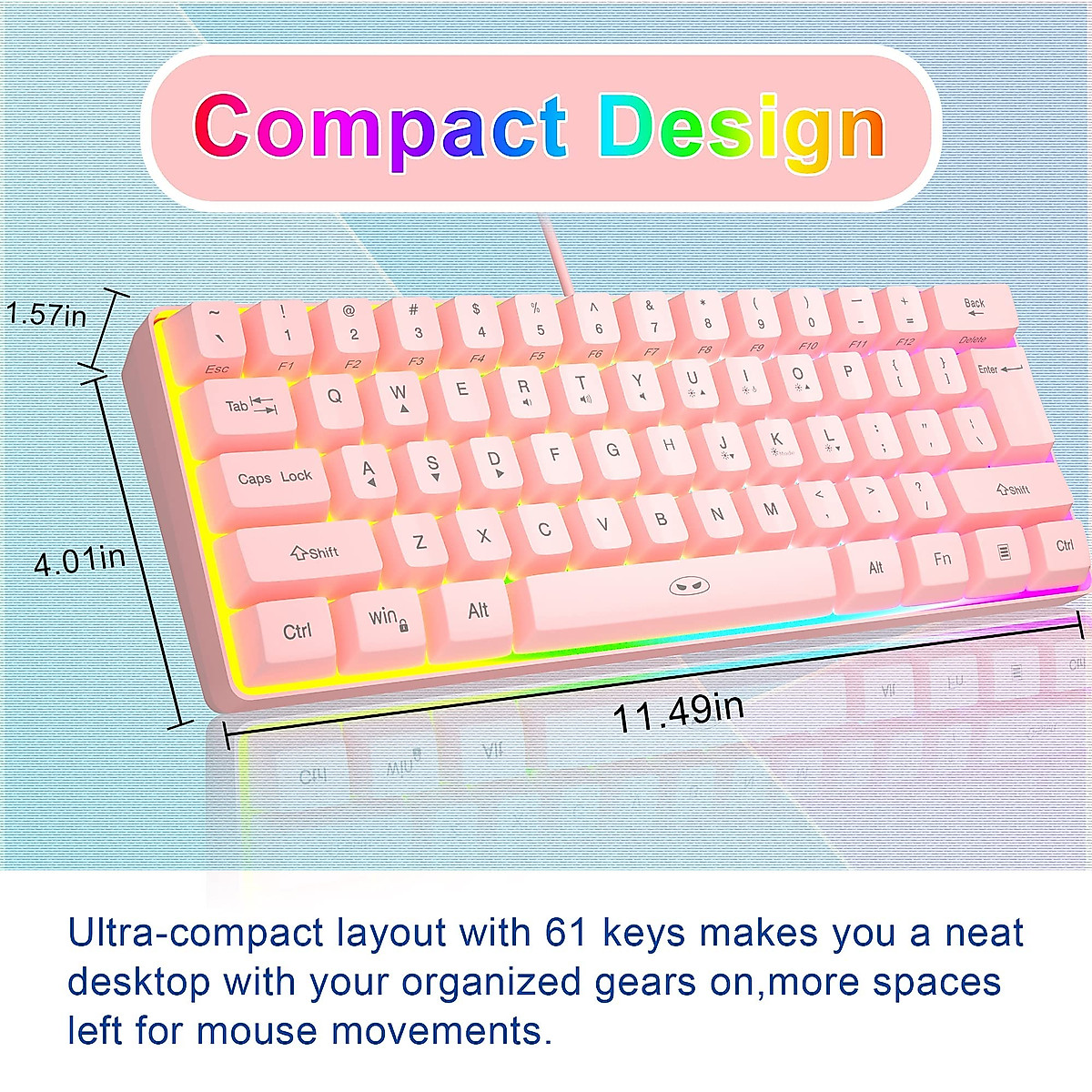 60% Wired Gaming Keyboard, RGB Backlit Ultra-Compact Mini Keyboard, Mechanical Feeling Membrane Mini Compact 61 Keys Keyboard for PC/Mac Gamer, Typist, Travel, Easy to Carry on Business Trip(Pink)
