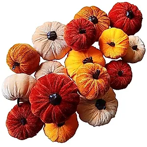 16 Pumpkin Decor for Home Fall Decoration, Velvet Foam Pumkins for Thanksgiving Decorating Artificial Craft Farmhouse Kitchen Table Room Bedroom Office Wedding Harvest Decorative Orange Plastic