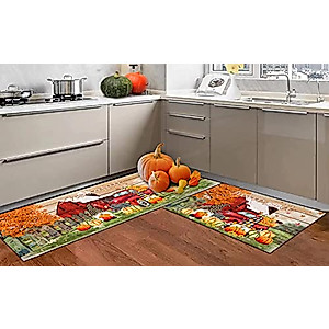 Z&L Home Kitchen Mat and Rug Set of 2 Thanksgiving Fall Farm Absorbent Bath Floor Mat Soft Non Slip Doormats Dwarfs with Pumpkins Retro Truck Wood Barn Plank Runner Carpets for Laundry Bedroom
